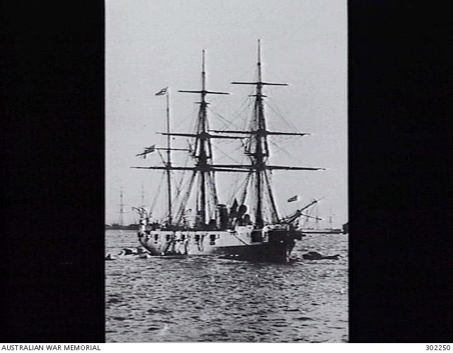 PORT MELBOURNE, VIC. 1888. STARBOARD BOW VIEW OF THE SCREW CORVETTE HMS ...