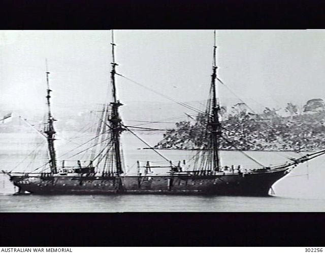 SYDNEY, NSW. 1869. STARBOARD SIDE VIEW OF THE SCREW SLOOP HMS ROSARIO ...