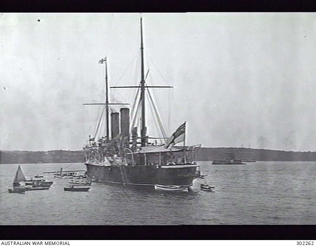 SYDNEY, NSW. C. 1902. PORT QUARTER VIEW OF THE CRUISER HMS ROYAL ARTHUR ...
