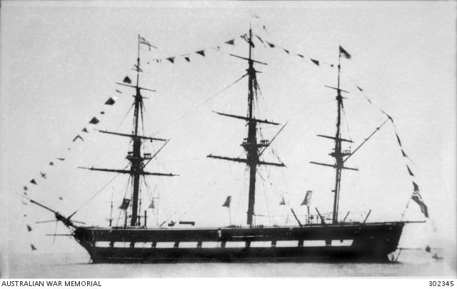 C.1867. PORT SIDE VIEW OF THE SCREW FRIGATE HMS CURACOA DRESSED OVERALL ...