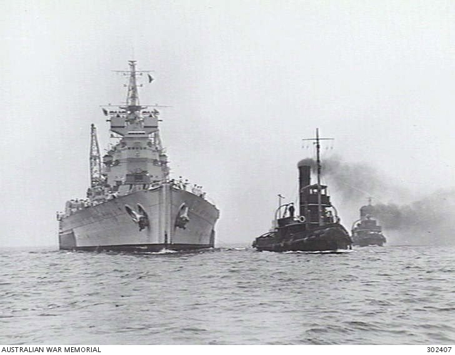 SYDNEY, NSW. 1944-12-17. BOW VIEW OF THE BATTLESHIP HMS HOWE, FLAGSHIP ...