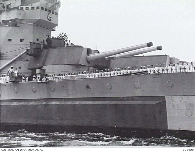 SYDNEY, NSW. 1944-12-17. DETAIL VIEW OF THE TWIN 14 INCH MARK VII GUNS ...