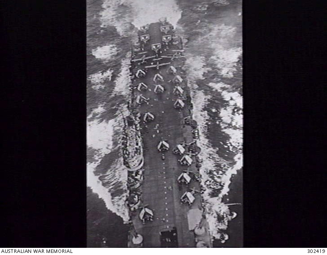 AERIAL VIEW SHOWING THE CORSAIR AND BARRACUDA AIRCRAFT ON BOARD THE ...