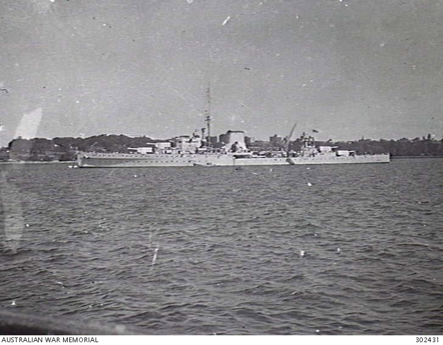 PORT SIDE VIEW OF THE LIGHT CRUISER HMS LEANDER AS BUILT WITH SINGLE 4 ...
