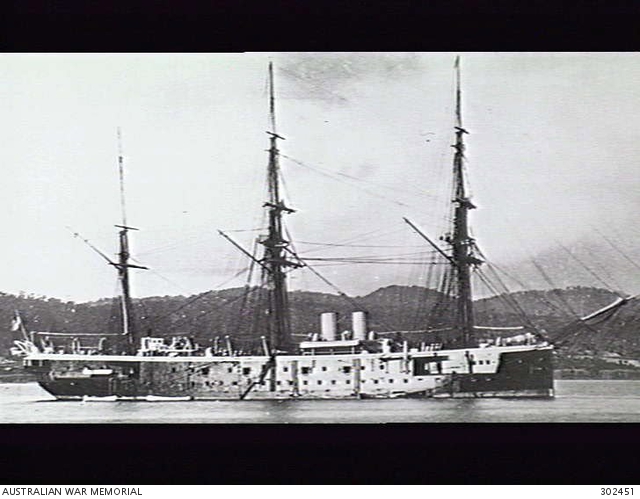 HOBART, TAS. 1884. STARBOARD SIDE VIEW OF THE ARMOURED CRUISER HMS ...