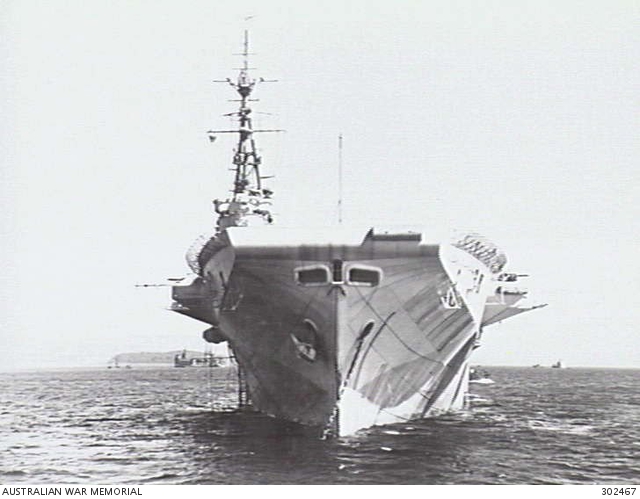 BOW VIEW OF THE LIGHT FLEET AIRCRAFT CARRIER HMS OCEAN. THE HIGHWEST ...