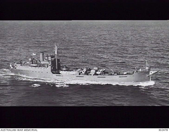1944-05-14. AERIAL STARBOARD SIDE VIEW OF THE DEPERMING SHIP HMS ...