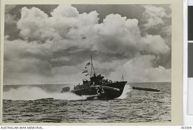 STARBOARD BOW VIEW OF A HM MOTOR TORPEDO BOAT MTB23 AS IT LAUNCHES TWO ...