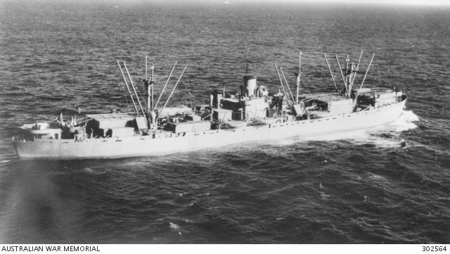 1943-03-15. Aerial starboard side view of the Liberty ship Charles J ...