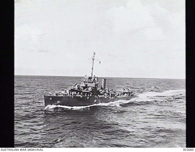 PORT BOW VIEW OF THE DESTROYER USS MACDONOUGH (DD-351). HER FORWARD 5 ...