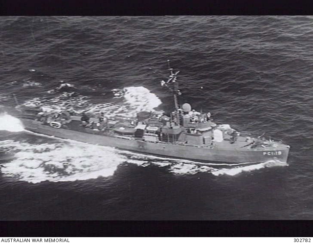1943-08-28. AERIAL STARBOARD SIDE VIEW OF THE SUBMARINE CHASER USS PC ...