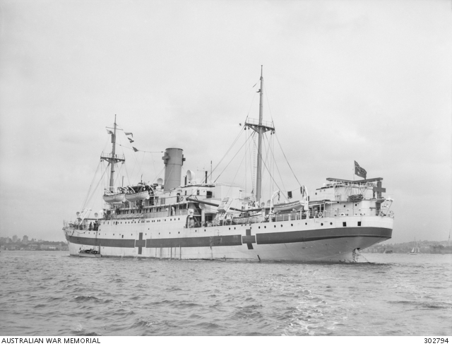 1943. SYDNEY, NSW. PORT QUARTER VIEW OF THE HOSPITAL SHIP CENTAUR. NOTE ...