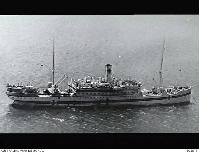 AERIAL STARBOARD SIDE VIEW OF THE DUTCH HOSPITAL SHIP TASMAN. NOTE THE ...