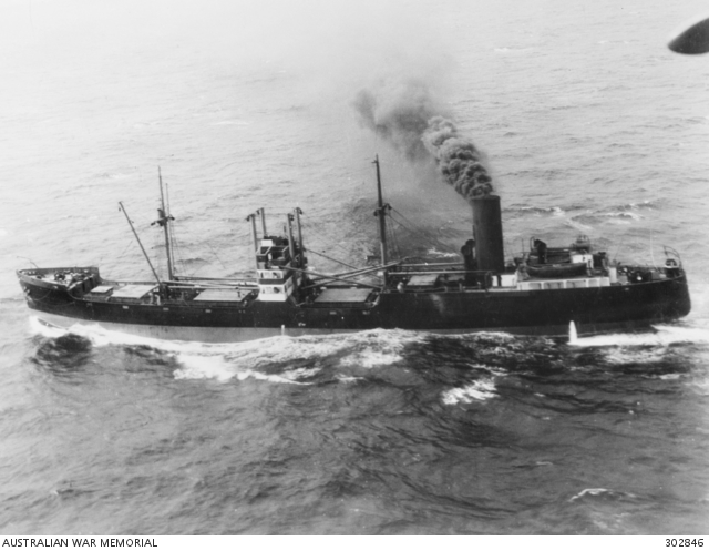 1941-07-19. AERIAL PORT SIDE VIEW OF THE AUSTRALIAN CARGO VESSEL SS ...