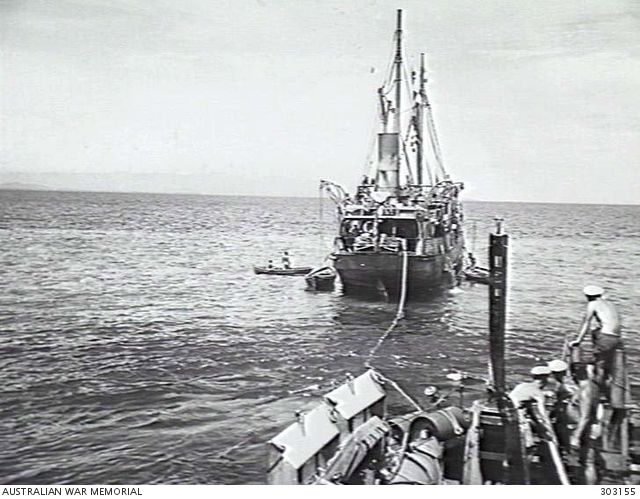 DETAIL VIEW OF STERN OF THE CORVETTE HMAS BROOME CARRYING OUT TOWING ...