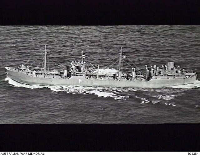 AERIAL PORT SIDE VIEW OF THE AMERICAN TANKER FALLEN TIMBERS. NOTE THE 5 ...