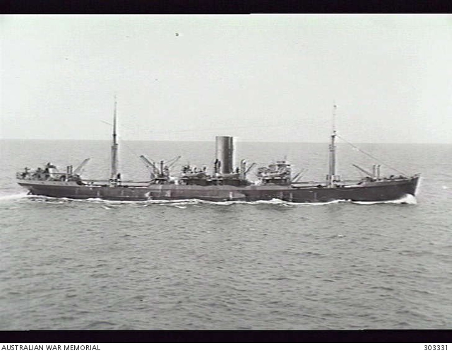 Aerial starboard side view of the British cargo vessel SS Glenaffarric ...