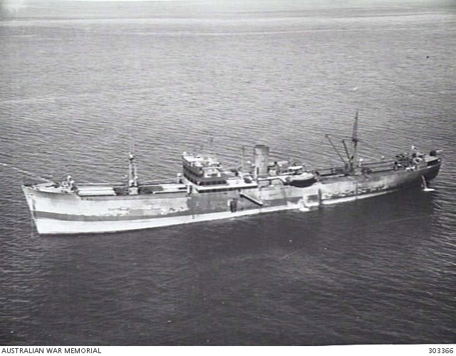 AERIAL PORT BOW VIEW OF THE BRITISH CARGO STEAMER HARMALA. NOTE THE 4 ...