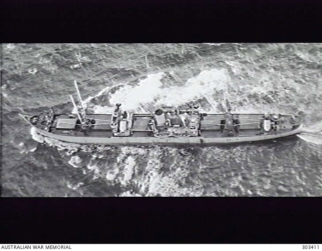 1944-06-20. AERIAL STARBOARD BOW VIEW OF THE BRITISH CARGO VESSEL MV ...