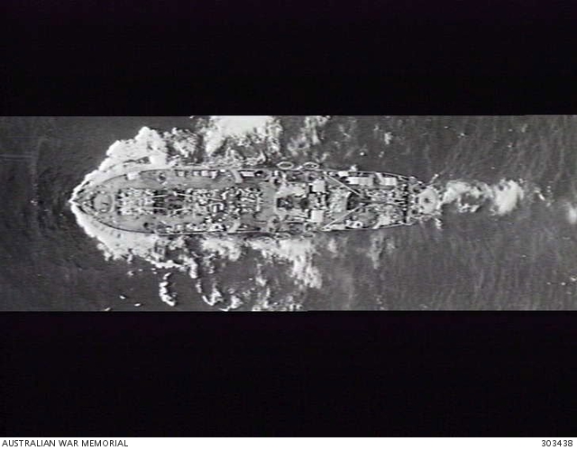 1943-07-28. Overhead view of the American cargo steamer James M Goodhue ...