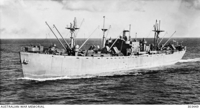 PORT BOW VIEW OF THE LIBERTY SHIP JEREMIAH M DAILY. NOTE THE 5 INCH GUN ...