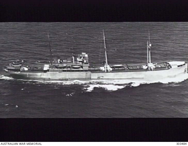 1941-11-07. AERIAL STARBOARD SIDE VIEW OF THE DUTCH CARGO VESSEL MV ...