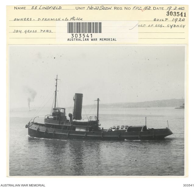 SYDNEY NSW. 1940-03-19. PORT SIDE VIEW OF THE AUSTRALIAN TUG LINDFIELD ...