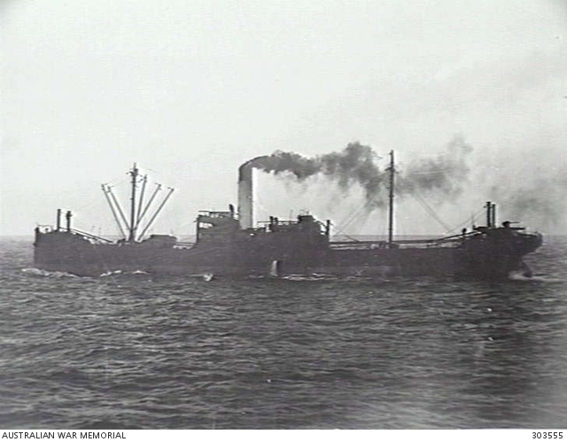 PORT SIDE VIEW OF THE AUSTRALIAN CARGO VESSEL SS MACEDON. NOTE THE 4 ...