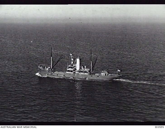 1941-07-28. AERIAL PORT SIDE VIEW OF THE AUSTRALIAN CARGO VESSEL SS ...