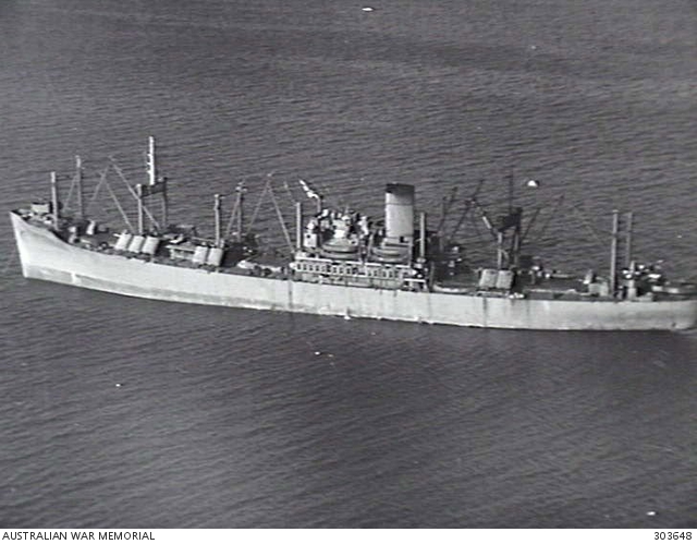 1943-09-16. AERIAL PORT SIDE VIEW OF THE AMERICAN CARGO VESSEL ...