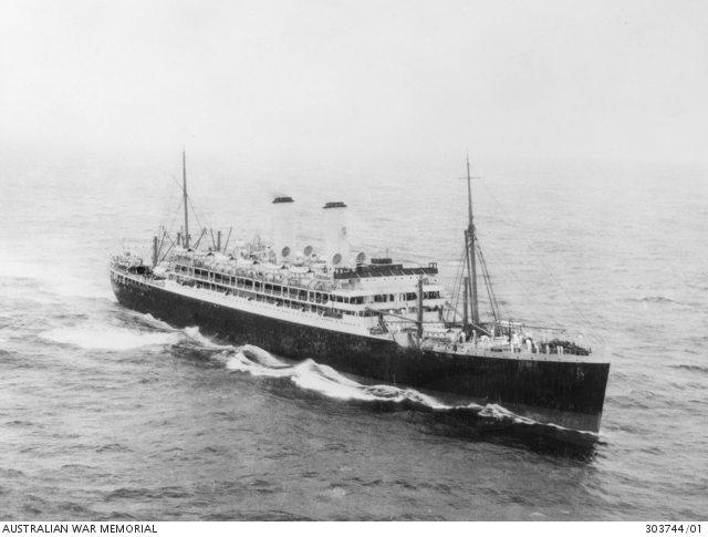 AERIAL STARBOARD BOW VIEW OF THE BRITISH TRANSPORT RMS ORONTES WHICH ...