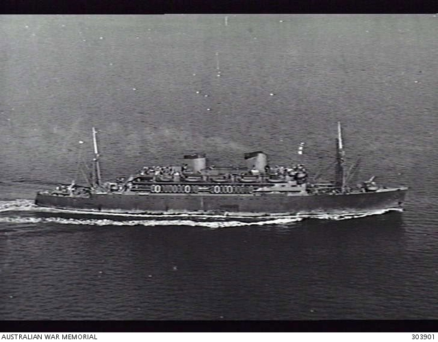 1942. AERIAL STARBOARD SIDE VIEW OF THE AMERICAN TRANSPORT SS SANTA ...