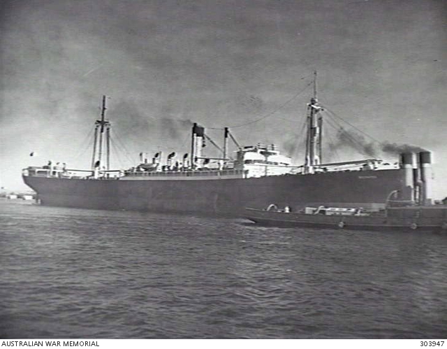 FREMANTLE, WA. 1949-03-23. STARBOARD SIDE VIEW OF THE PANAMANIAN CARGO ...