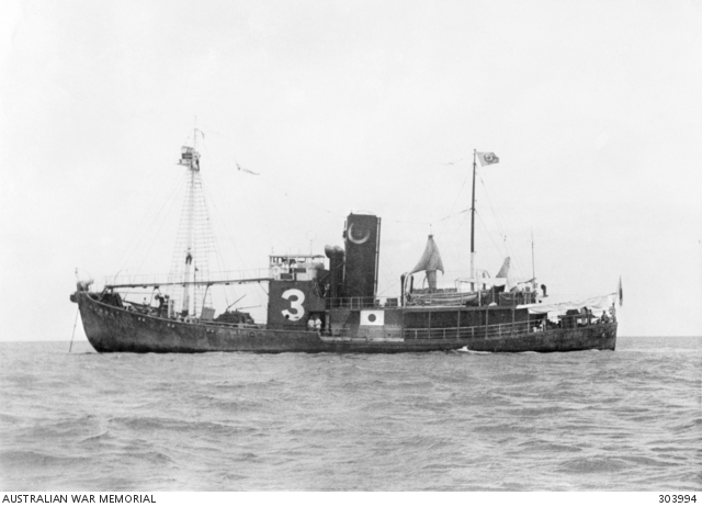 PORT SIDE VIEW OF THE JAPANESE WHALE CATCHER SYONAN MARU NO 3. NOTE THE ...