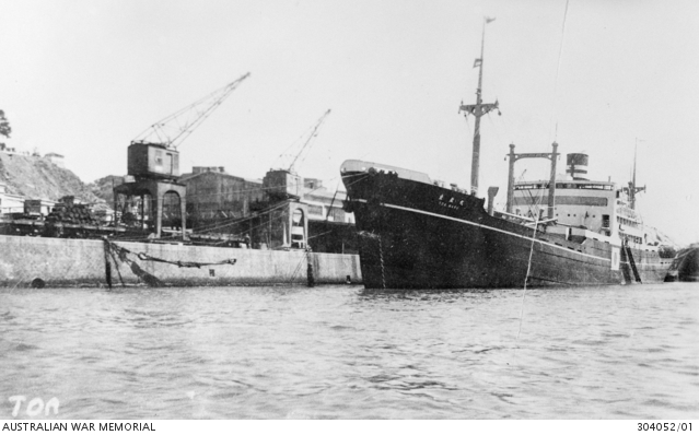PORT BOW VIEW OF THE JAPANESE CARGO VESSEL TOA MARU. NOTE THE PROMINENT ...