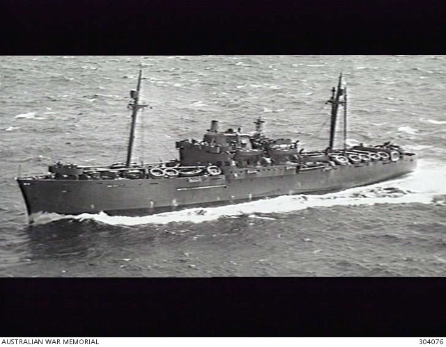 1943-01-14. AERIAL PORT BOW VIEW OF THE AMERICAN TRANSPORT TRYON. SHE ...