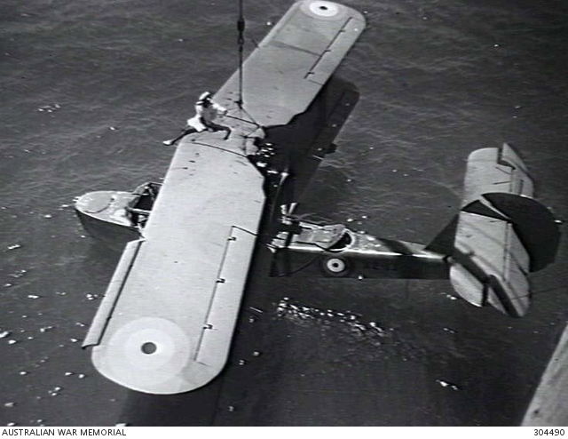 VIEW FROM ABOVE OF A SUPERMARINE SEAGULL V AIRCRAFT (A2-13) BEING ...