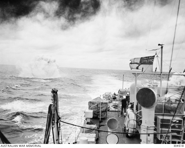 C.1950. THE EXPLOSION OF DEPTH CHARGES DROPPED BY THE FRIGATE HMAS ...