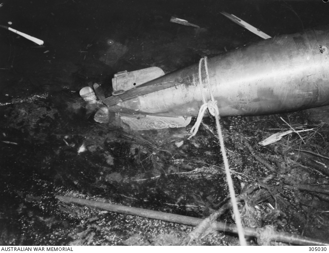 SYDNEY, NSW. 1942-06-10. DETAIL VIEW OF THE TAIL OF THE SPENT 17.7 INCH ...