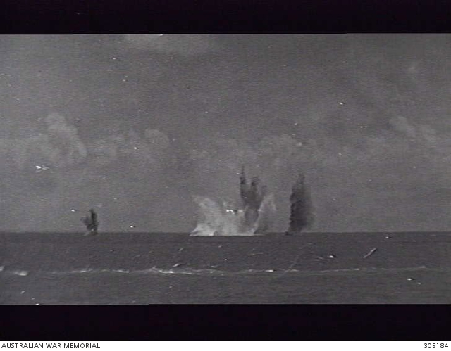 JAVA SEA. 1942-02. BOMBS FROM JAPANESE AIRCRAFT FALLING AROUND AMERICAN ...