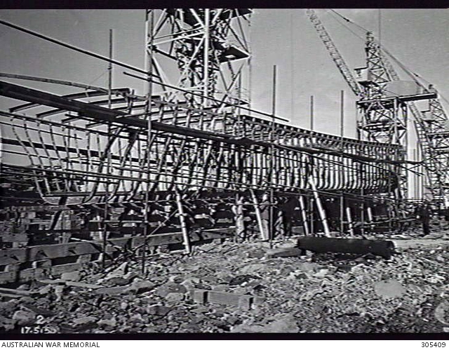 WILLIAMSTOWN DOCKYARD, VIC. 1950-05-17. THE FRAMEWORK OF AN EXPLOSIVE ...