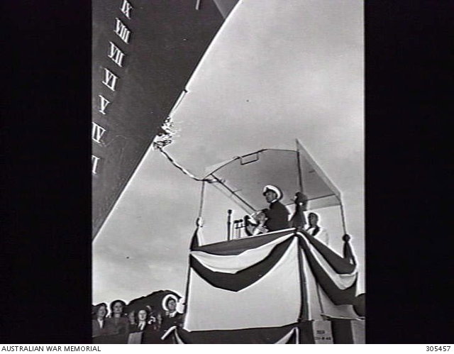 WILLIAMSTOWN NAVAL DOCKYARD, VIC. 1948-08-20. LADY COLLINS, THE WIFE OF ...