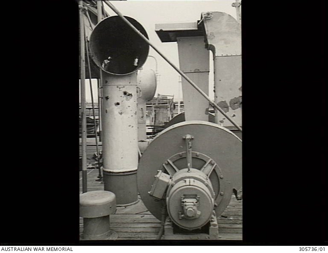 DARWIN, NT. 1942-02-19. DETAIL OF DAMAGE TO THE HOSPITAL SHIP MANUNDA ...
