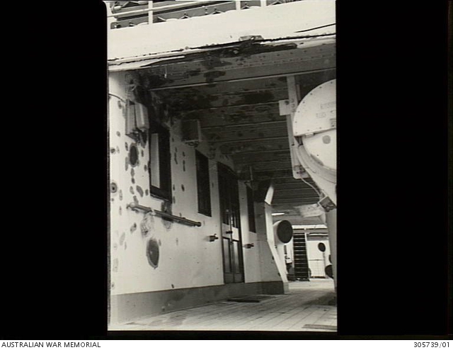 DARWIN, NT. 1942-02-19. DETAIL OF DAMAGE TO THE HOSPITAL SHIP MANUNDA ...