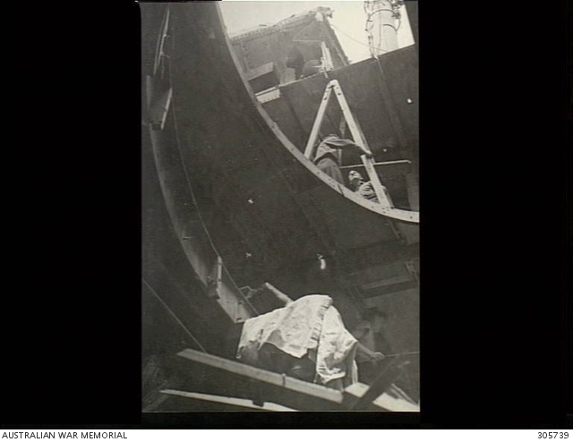 DARWIN, NT. 1942-02-19. DETAIL OF DAMAGE TO THE HOSPITAL SHIP MANUNDA ...