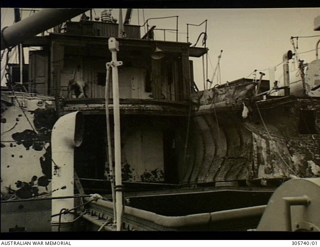 DARWIN, NT. 1942-02-19. DETAIL OF DAMAGE TO THE HOSPITAL SHIP MANUNDA ...