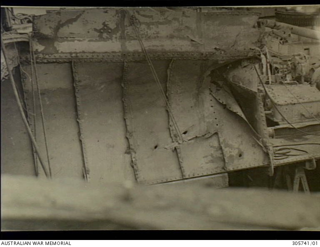 DARWIN, NT. 1942-02-19. DETAIL OF DAMAGE TO THE HOSPITAL SHIP MANUNDA ...