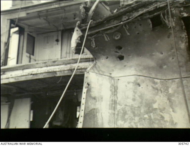 DARWIN, NT. 1942-02-19. DETAIL OF DAMAGE TO THE HOSPITAL SHIP MANUNDA ...