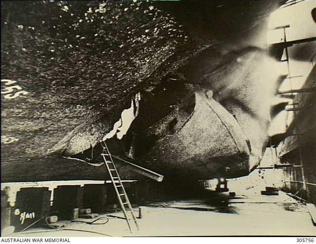 MORT'S DOCKS, SYDNEY, NSW. 1942-09. DAMAGE TO THE HULL OF THE MERCHANT ...