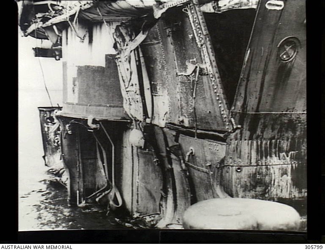 SYDNEY, NSW. 1942-12. DETAIL VIEW OF THE DAMAGE TO THE HEAVY CRUISER ...